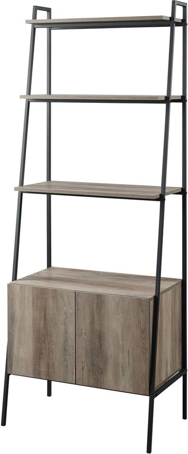 72" Open Shelf and Closed Storage Cabinet Ladder Bookcase Gray Wash ...