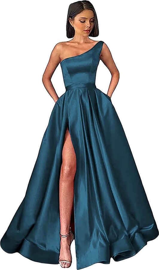 HYEC7 Women's One Shoulder Satin Prom Dress Long with Pockets Bridesmaid Dress A-Line Slit ...