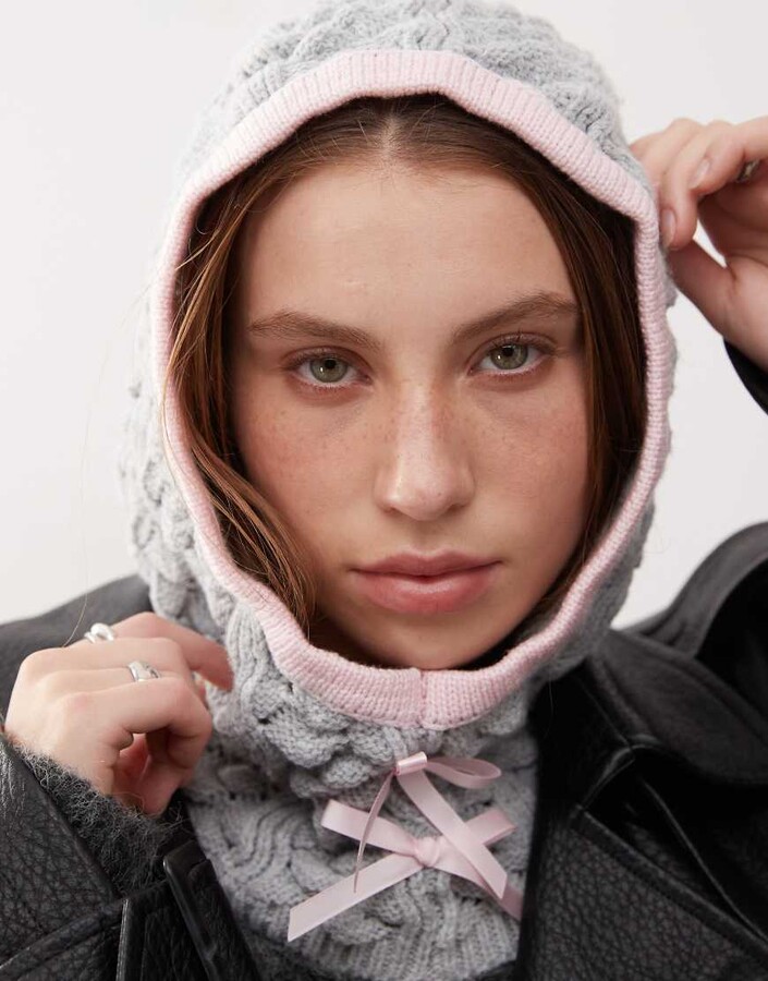 Reclaimed Vintage balaclava with pink bows in gray knit - ShopStyle Hats