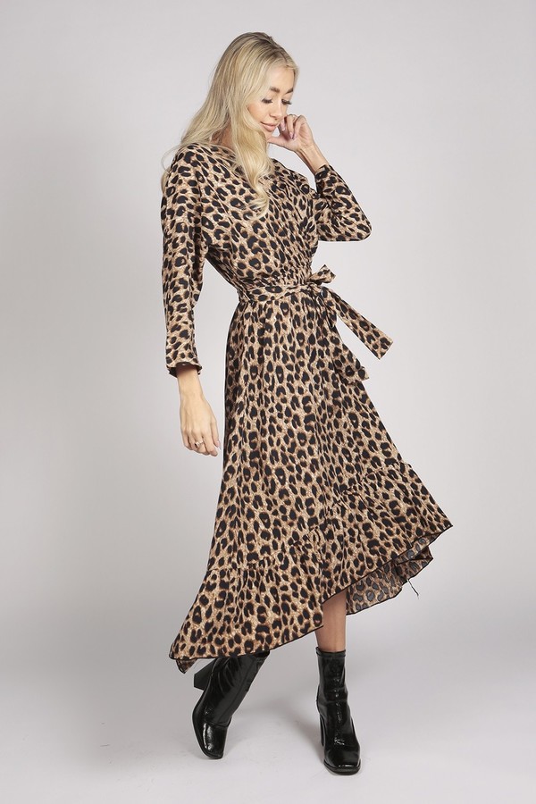 Tenki Long Sleeve Leopard Print Ruffle Wrap Maxi Dress In Brown ...
