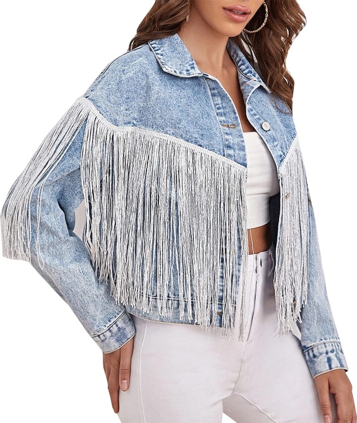 CYLADY Women Fringe Jean Jacket Boyfriend Long Sleeve Oversized Western ...