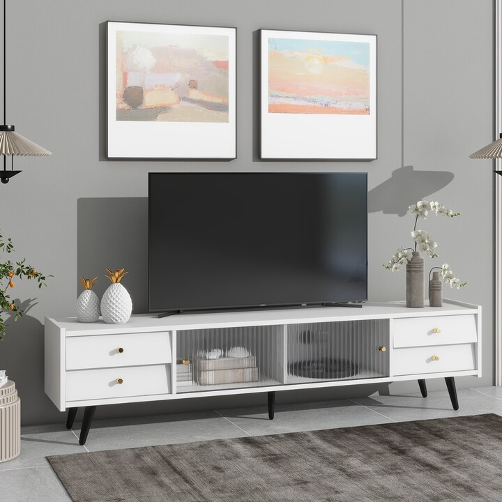 Aoolive Modern TV Stand with Sliding Glass Doors and Slanted Drawers ...