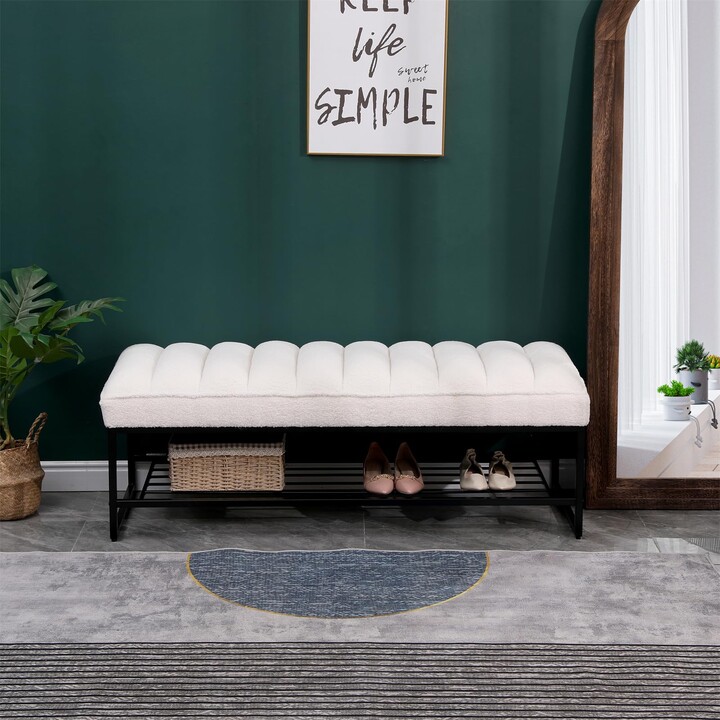 Uneeruiqy Modern Tufted Bench with Metal Shelf Sherpa Upholstered ...