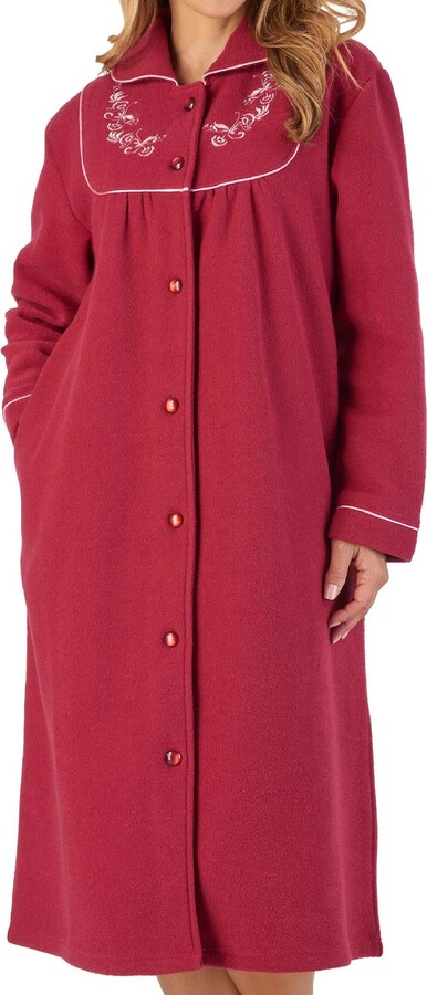 Slenderella Womens Button Up Dressing Gown Boucle Fleece Embroidered ...