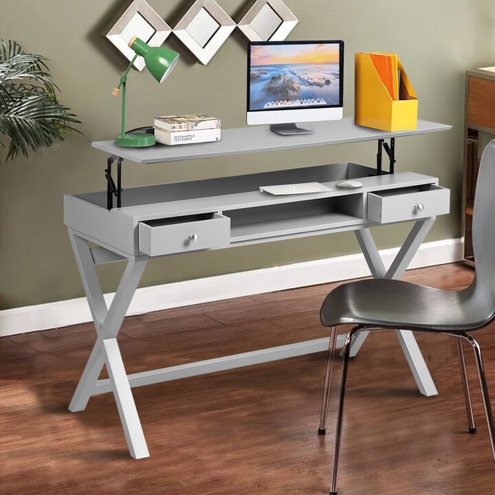 GEROJO Grey Computer Desk with 2 Drawers, Height-Adjustable Table Top ...