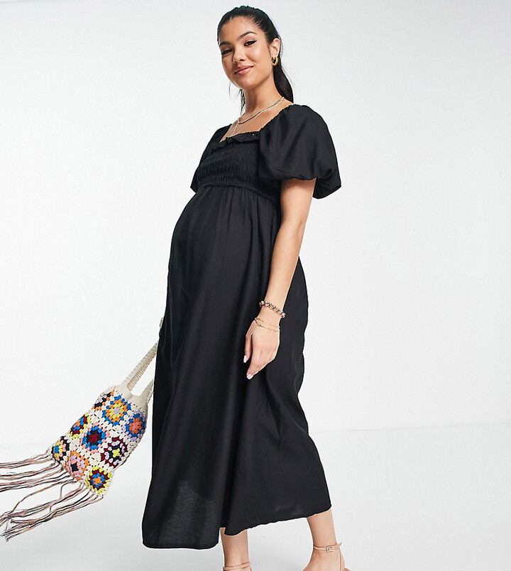 New Look Maternity puff sleeve shirred midi dress in black - ShopStyle