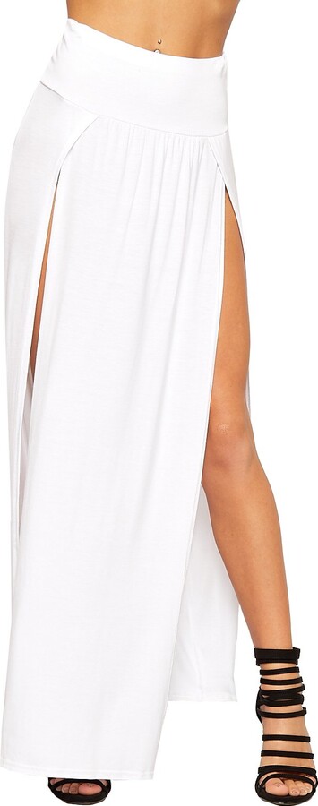 WEARALL Womens Double Split Maxi Long Skirt Ladies Plain Basic Two Side Slit - White - 12-14 ...