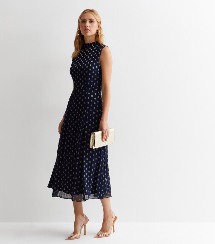 Gini London Navy Spot High Neck Midaxi Dress - ShopStyle