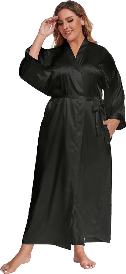 feslieacc Women's Plus Size Long Satin Robes Plus Size Long Silk Robes ...