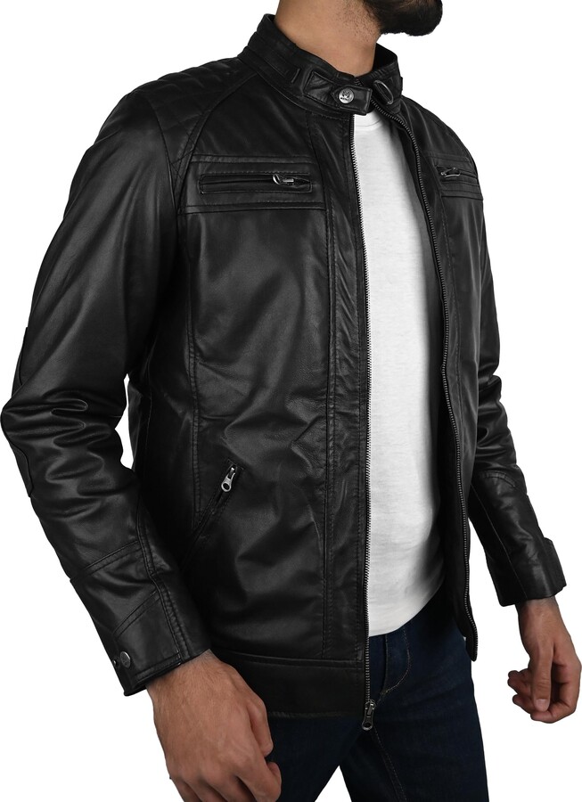 MISTRIL Mens Genuine Leather Biker Jacket Black Brown Lambskin ...