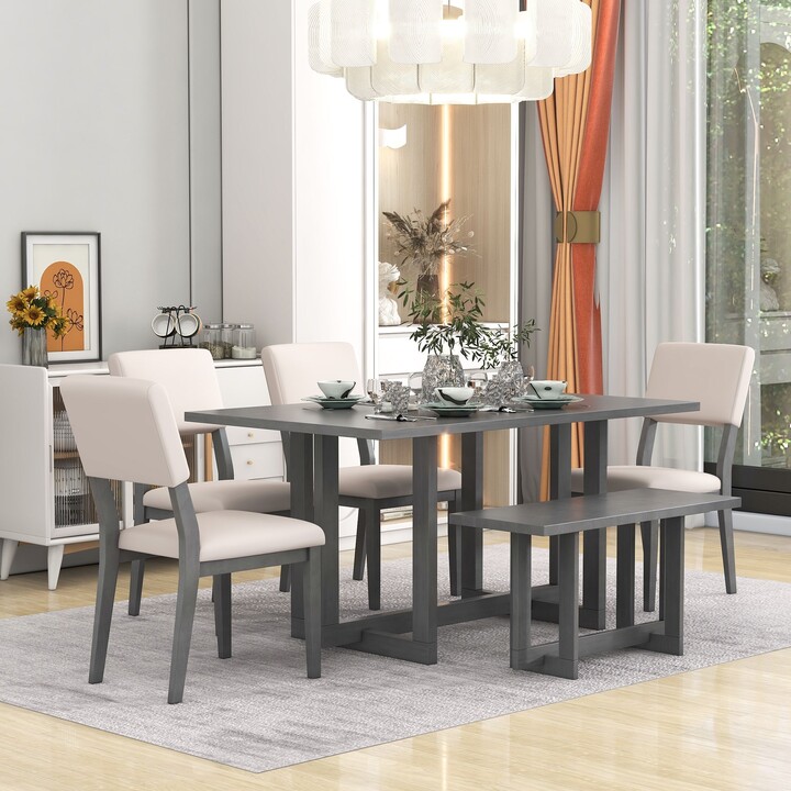 GREATPLANINC 6-Piece Wooden Dining Table Set with 4 Chairs with Soft ...