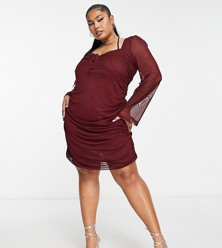 QED London Plus halterneck bodycon corset mini dress in burgundy ...