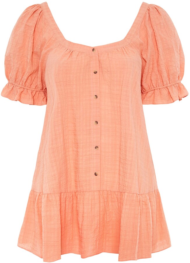 Yours Limited Collection - The Limited Edit Curve Coral Orange Puff Sleeve Tunic - Women's ...