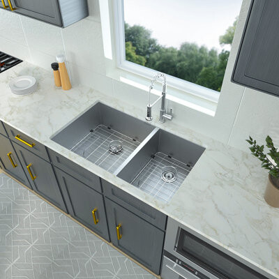 Logmey 33" L x 19" W Undermount Double Bowl 60/40 Kitchen Sink 16 Gauge ...