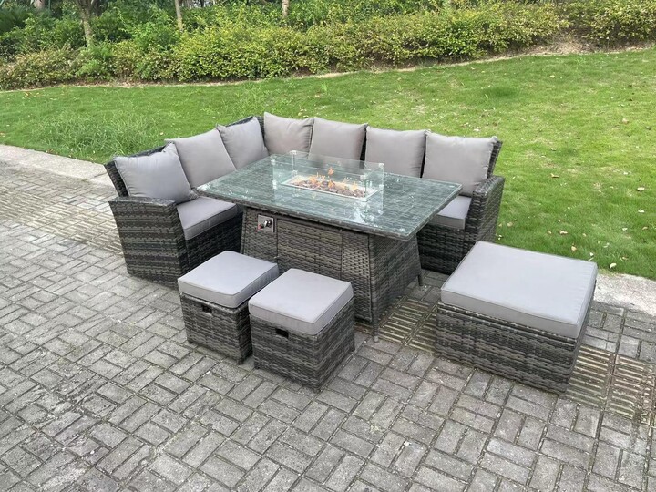 Fimous 9 Seater High Back Rattan Gas Fire Pit Corner Sofa Set Garden ...