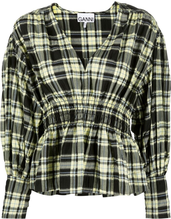 Ganni Checked Peplum Blouse - ShopStyle