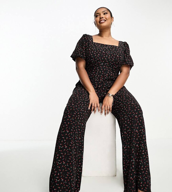 Glamorous Curve milkmaid wide leg jumpsuit with tie back in black rose ...