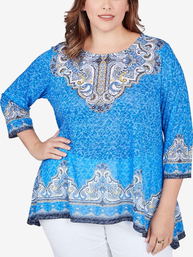 Ruby Rd. Plus Size Embellished Scoop Neck Marrakesh Border Print Sublimation Knit Top - ShopStyle