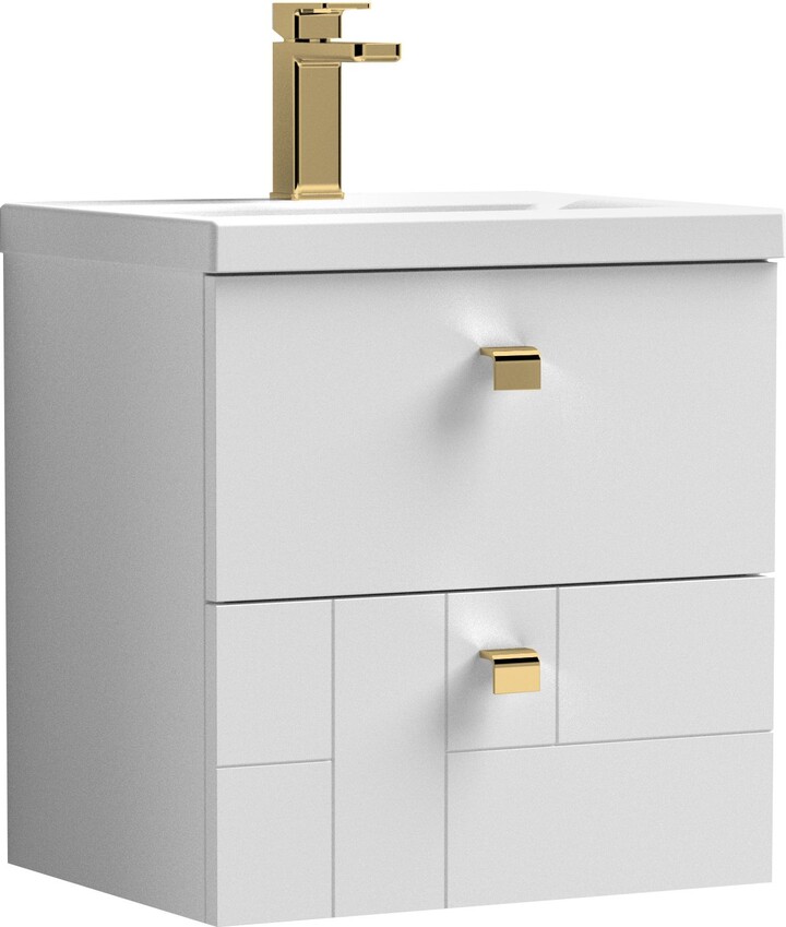 Balterley Wall Hung 2 Drawer Vanity Basin Unit & Basin, White, Brass ...