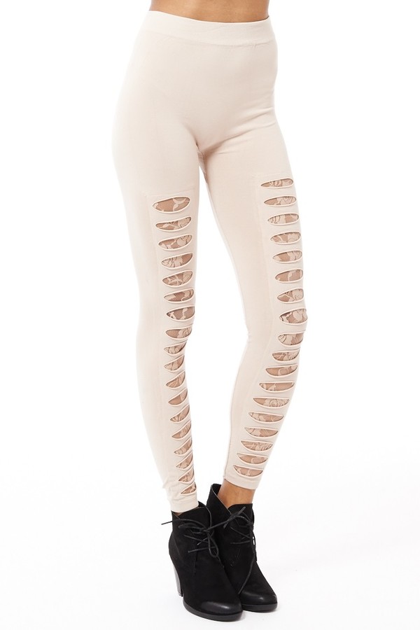 Love That Outfit Womens Ripped Effect Leggings with Lace Detail - Beige ...