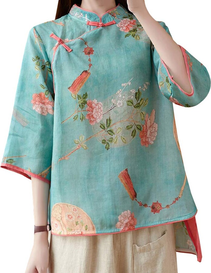 YM YOUMU Women Summer 3/4 Sleeve Chinese Blouse Top Traditional Mandarin Collar Ethnic Cotton ...