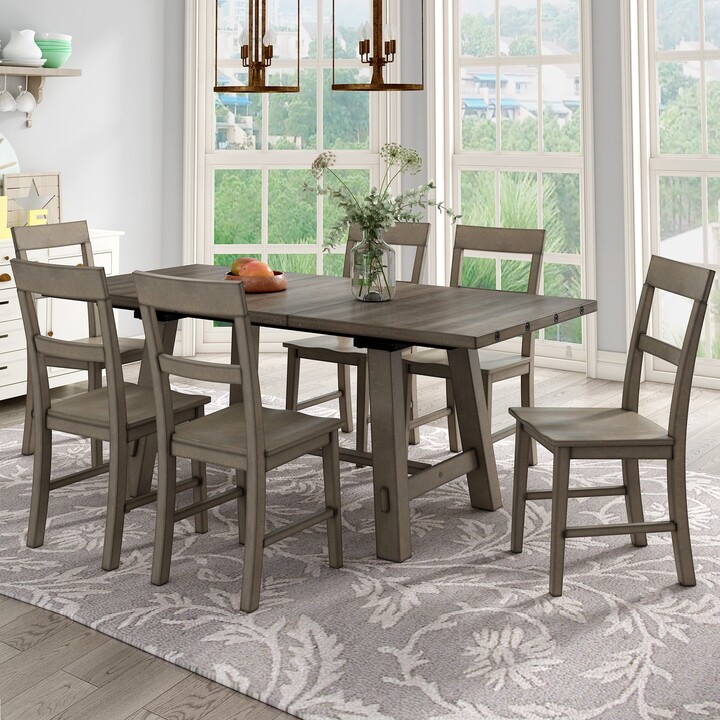EHEK Industrial 7-Piece Dining Table Set, Extendable Table with 18 ...