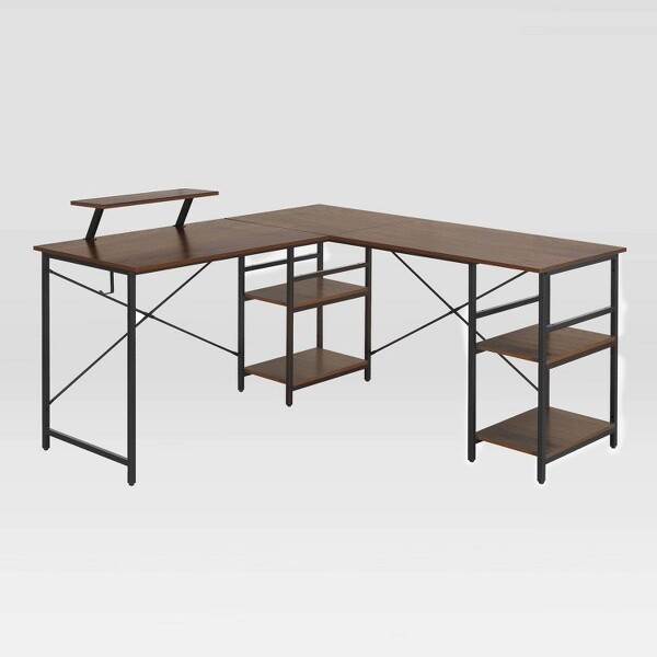 Techni Mobili L Shape Industrial Desk with Storage Shelves Walnut ...