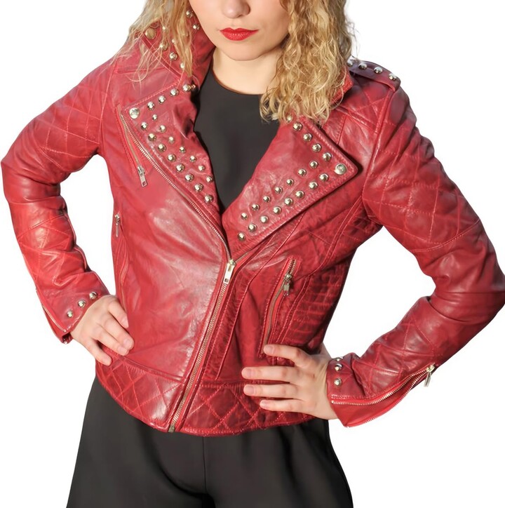 Hide Fusion Women’s Rivet Slim Fit Red Studded Leather Jacket Fashion ...