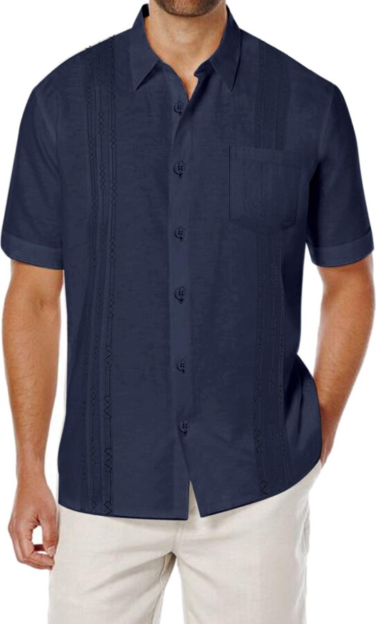 COOFANDY Men's Casual Cotton Beach Button Down Dress Shirt Summer Linen T-Shirt(Navy - ShopStyle