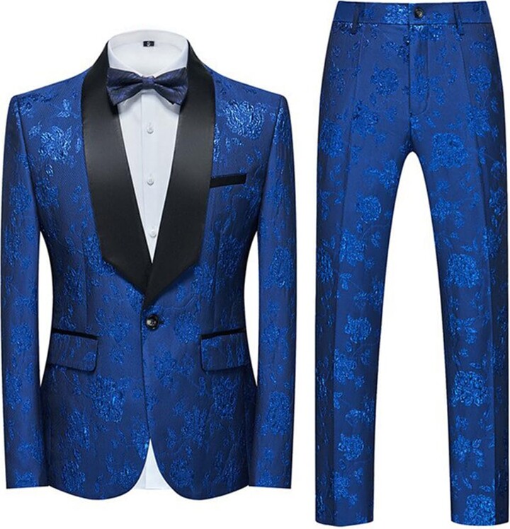 JUZHIJIA Shawl Collar Floral Suit Men Slim Fit Royal Blue Wedding Suits ...