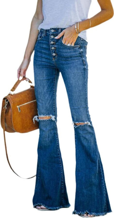 XUSAI Skinny Ripped Bell Bottom Jeans for Women Classic High Waisted ...