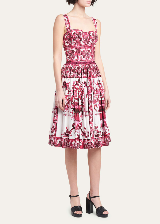 Dolce & Gabbana Tile-Print Pleated Poplin Bustier Dress - ShopStyle
