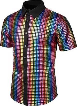 Foweknow Men's Glitter Dress Shirts 70s Metallic Sequins Shiny Costume ...