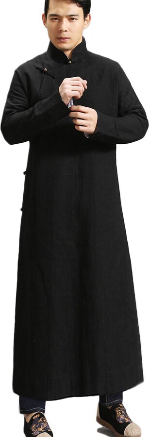 LZJN Men's Trench Coat Spring Autumn Long Jacket Kung Fu Linen Overcoat ...