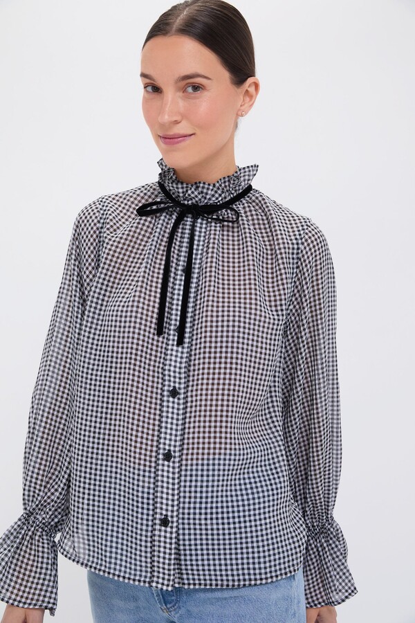 Ganni Black Sheer Fluid Check Tie String Shirt - ShopStyle Tops