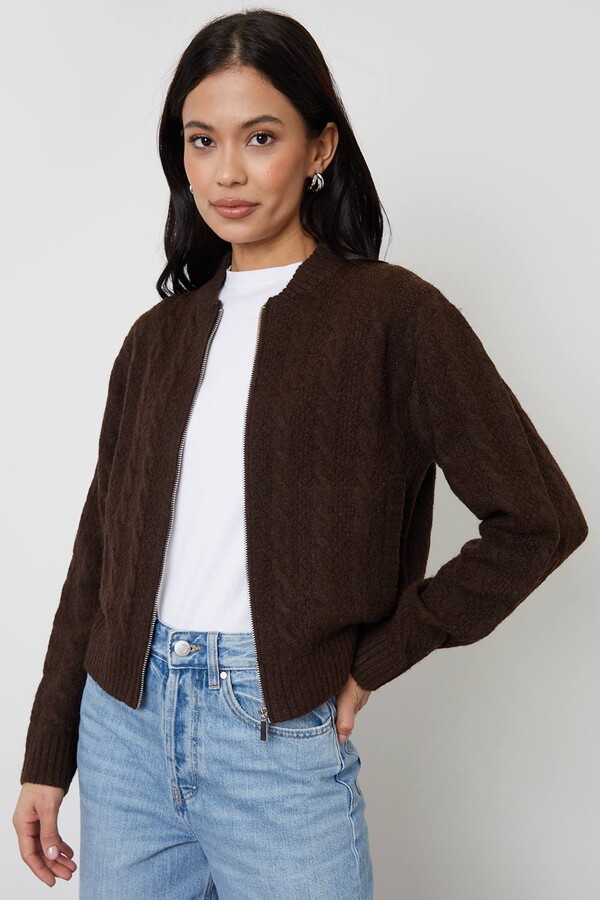 Threadbare Zip-Up Cable Knit Bomber Jacket - Brown - ShopStyle