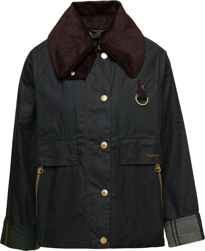 Barbour Dark Green Short Jacket with Oversized Collar and Logo ...