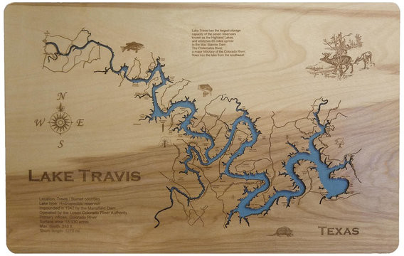 Personal Handcrafted Displays Lake Travis, Texas-Wood Lake Map, Medium ...