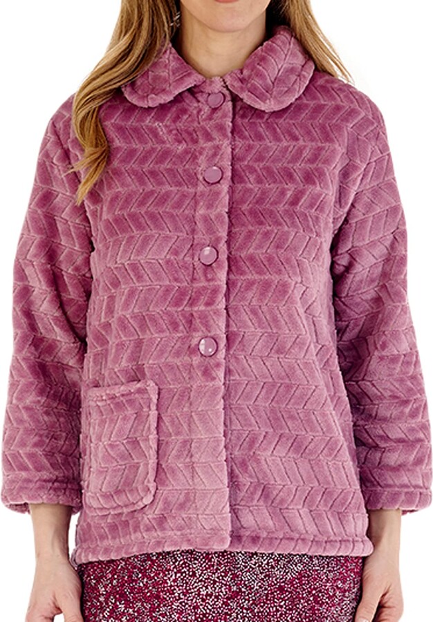 Slenderella Ladies Chevron Pattern Bed Jacket Soft Fleece Button Front ...