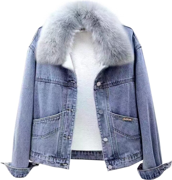 SGFY Women's Denim Jacket With Big Fur Collar - ShopStyle