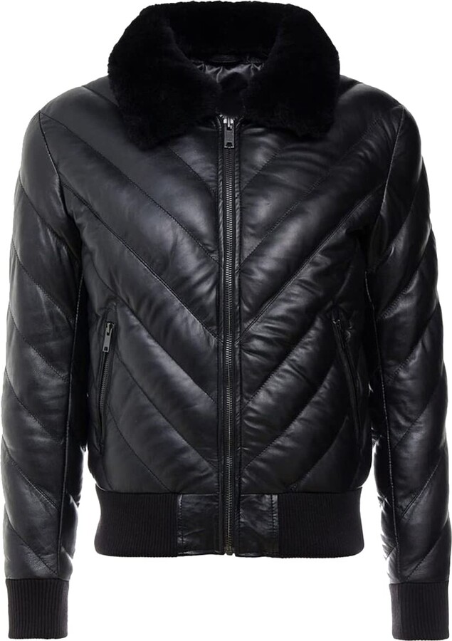 Fashion_First Mens Real Leather Bomber Jacket Black Leather Puffer ...