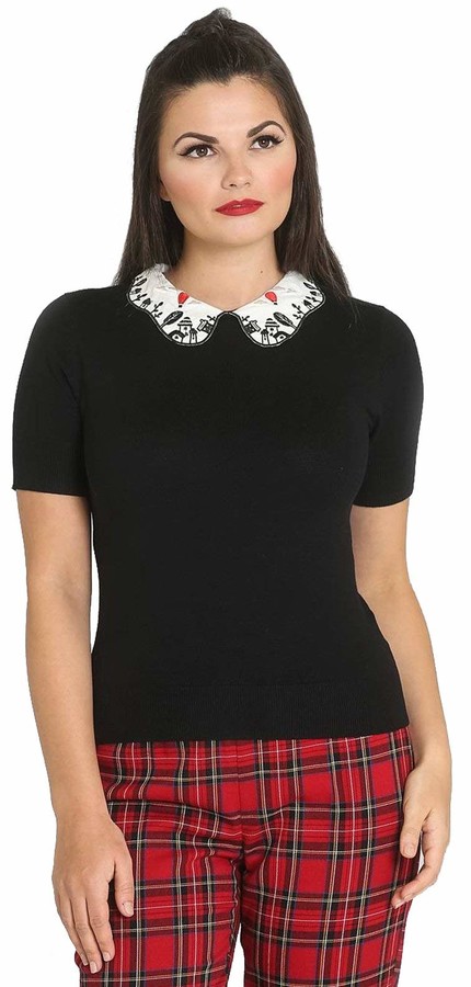 Hell Bunny Red Balloon Ribbed Stretch Black Top - UK 12 (M) - ShopStyle