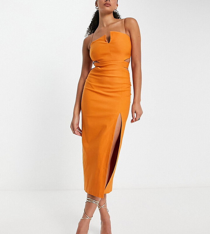 Vesper Tall cami strap cut-out waist midi dress with thigh slit in ...