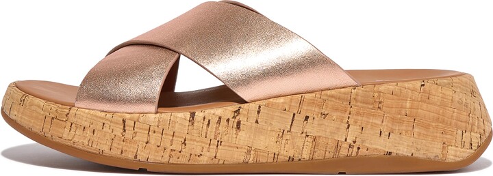 FitFlop F-Mode Metallic Leather/Cork Flatform Cross Slides - ShopStyle