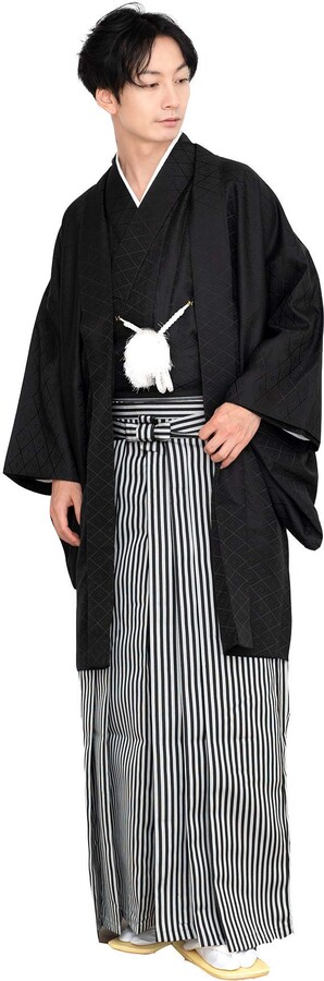 KYOETSU Men's Japanese Kimono Haori Hakama 3 piece set with Kamon Family Crest (Black(with ...