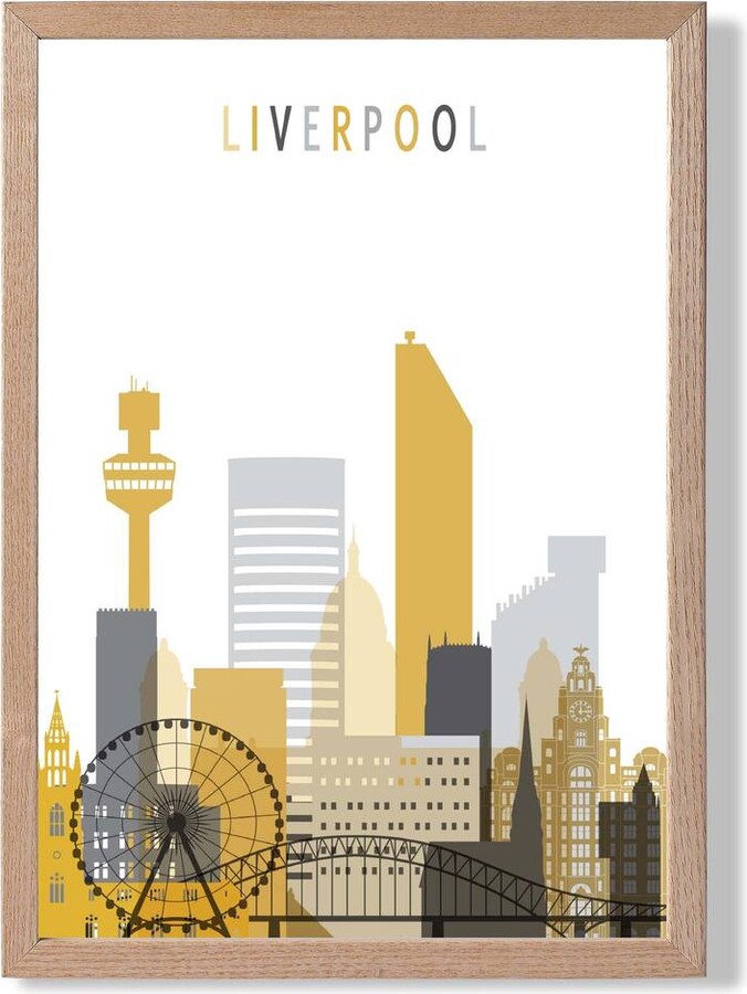 ARTZE Liverpool Yellow and Grey City Skyline Poster with Oak Hanger ...
