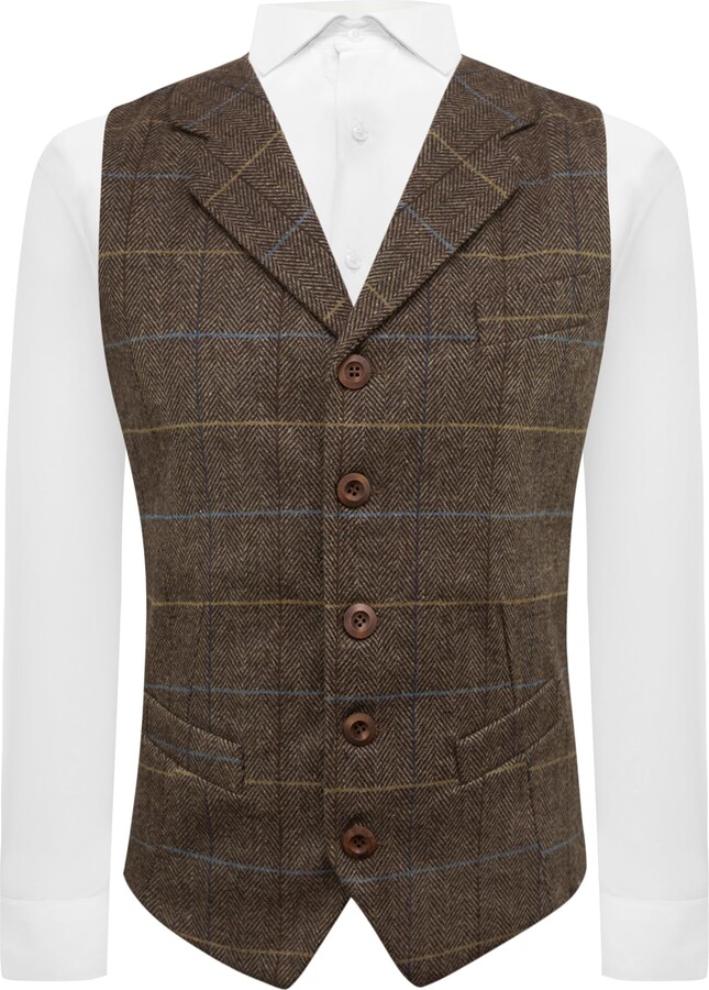 King & Priory Walnut Brown Herringbone Check Waistcoat with Lapel ...