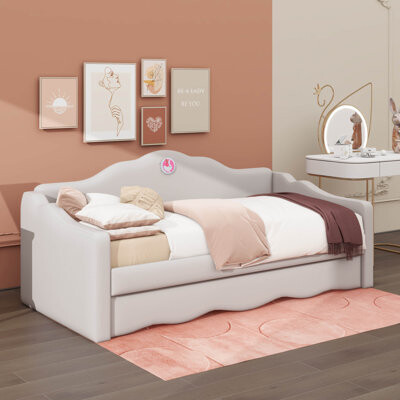 Dakota Fields A Twin-Sized Upholstered Daybed Featuring A Wave-Shaped Underbed Pull-Out Trundle ...