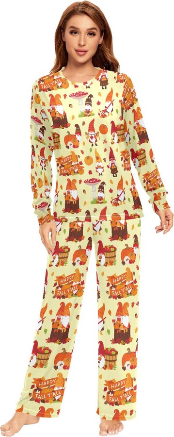 JUNZAN Cute Festive Autumn Gnome Pajamas for Women Long Sleeve Top ...