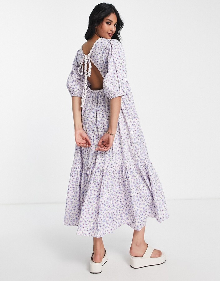 Damson Madder ditsy print rik rak back detail midi dress in baby pink ...